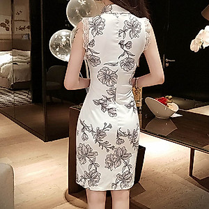Women's Floral Print White Bodycon Qipao Dress Lace Trim Sleeveless Keyhole High Slit Mini Cheongsam Party Cocktail Dress (White, M)