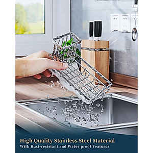 Sink Caddy, Consumest Kitchen Sponge Holder + Dish Brush Holder for Kitchen Sink, Sink Organizer with Drip Tray for Countertop, Stainless Steel Rustproof - Silver
