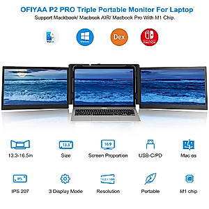OFIYAA P2 Pro Portable Triple Monitor for Laptop, 13.3 ” Laptop Monitor Screen External Dual Screen Extender with One Cable Connect for 13”-16.5” Mac Windows Chrome Laptop/MacBook PC/PS5/Switch