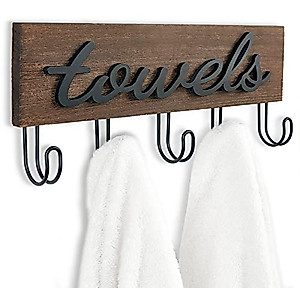 Mkono Towel Holder Wall Mounted Towel Rack Bathroom Decor Rustic Wood Towel Hooks to Hang Towels Bathrobe Robe Coat Clothing, 12.6" x 5.2" Bath Towel Hanger Storage Home Decor Organizer