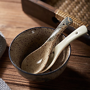 Bicuzat Vintage Style Soup Spoons Set of 5, Asian Ceramic Ramen Spoons for Broth, Chaos, Salad, Noodles, Miso Soup, Chinese Soup, Rice Spoon, 5 Inch