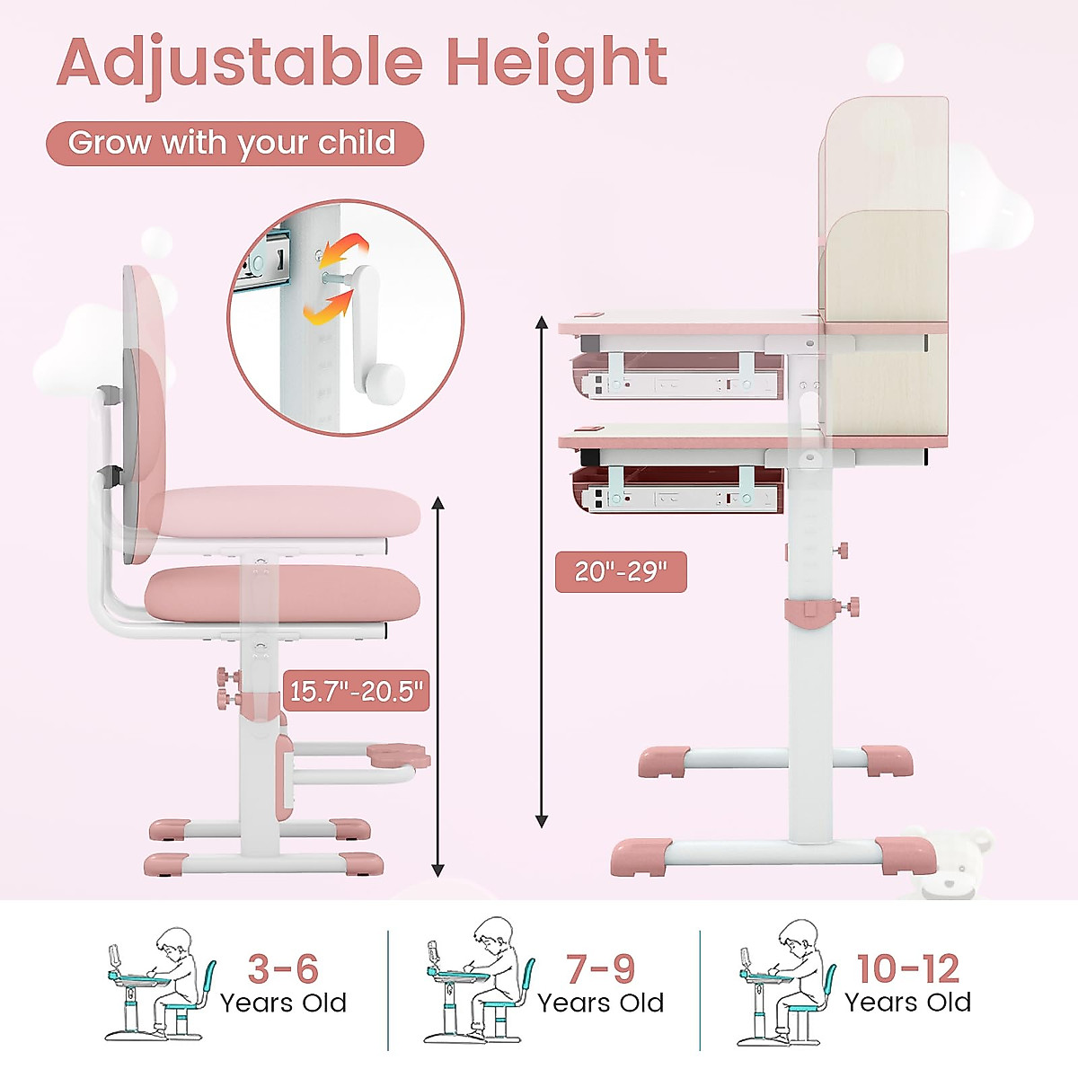 Costzon Kids Desk and Chair Set, Height Adjustable Children School Study Table and Chair Set w/Tilt Desktop, Storage Drawer Hutch, Student Computer Workstation, Kids Desk for Girls Bedroom (Pink)