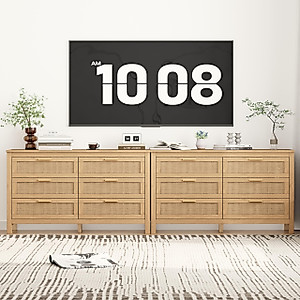 Keehusux Rattan 6 Drawer Dresser for Bedroom, Wooden Storage Chest of Drawers with Metal Handles, Double Dresser Chest for Living Room, Entryway, Natural KES002MDG