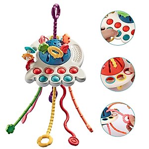 Montessori Toys for Baby: Early Educational Sensory Toys with Bell for Toddler, Rocket Silicone Pull String Activity Toys with Dimple Fidget for Fine Motor Skills Baby Travel Toy Gift (Brown)