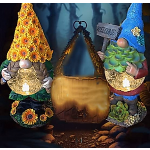 Koncenttop S/2 Gnomes Garden Outdoor Figurine Lights Decor, Solar Light Gnomes Stuatues Yard Decoration, Resin Gnome Figurine Gnome Lady with Sunflower Hat, Outdoor Pation Decor, Gome Gift,Yard Decor