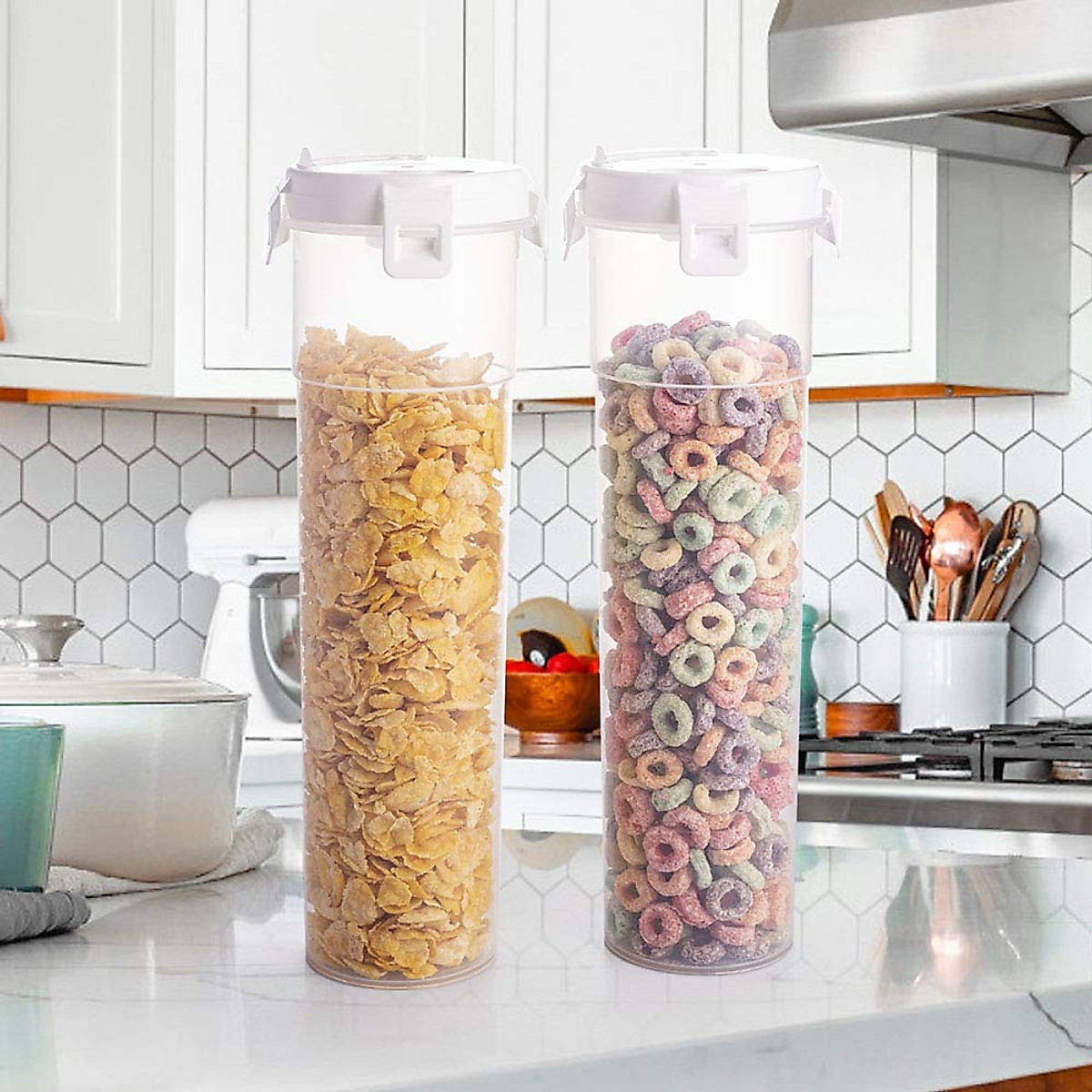 Plasutil Set of 2 Airtight Spaghetti Pasta Container, Cylinder Shaped Noodle Container + 2 Kitchen Supply Spaghetti Server for Kitchen Pantry Organization and Storage