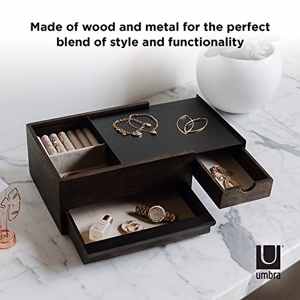 Umbra Stowit Jewelry Box-Modern Keepsake Storage Organizer with Hidden Compartment Drawers for Ring, Bracelet, Watch, Necklace, Earrings, and Accessories, Black/Walnut