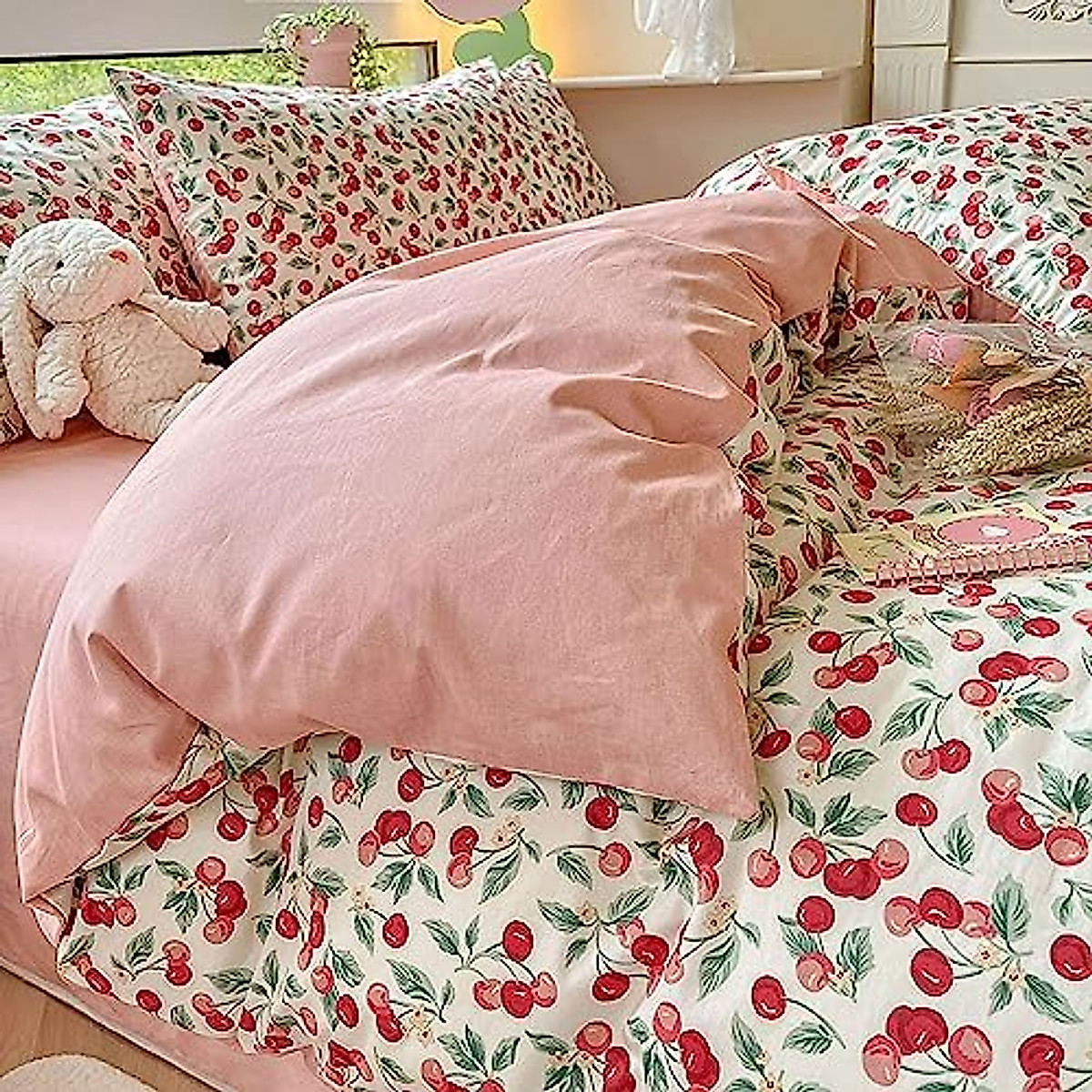Cherry Duvet Cover Set, 100% Cotton Pure Cotton Printing，Home Standard Four-piece Bedding Set Decorative, Deep Pocket, Warm, Super Soft, Breathable Sheets with 2 Pillow Shams, Red ( Size : A1.8m4pcs )