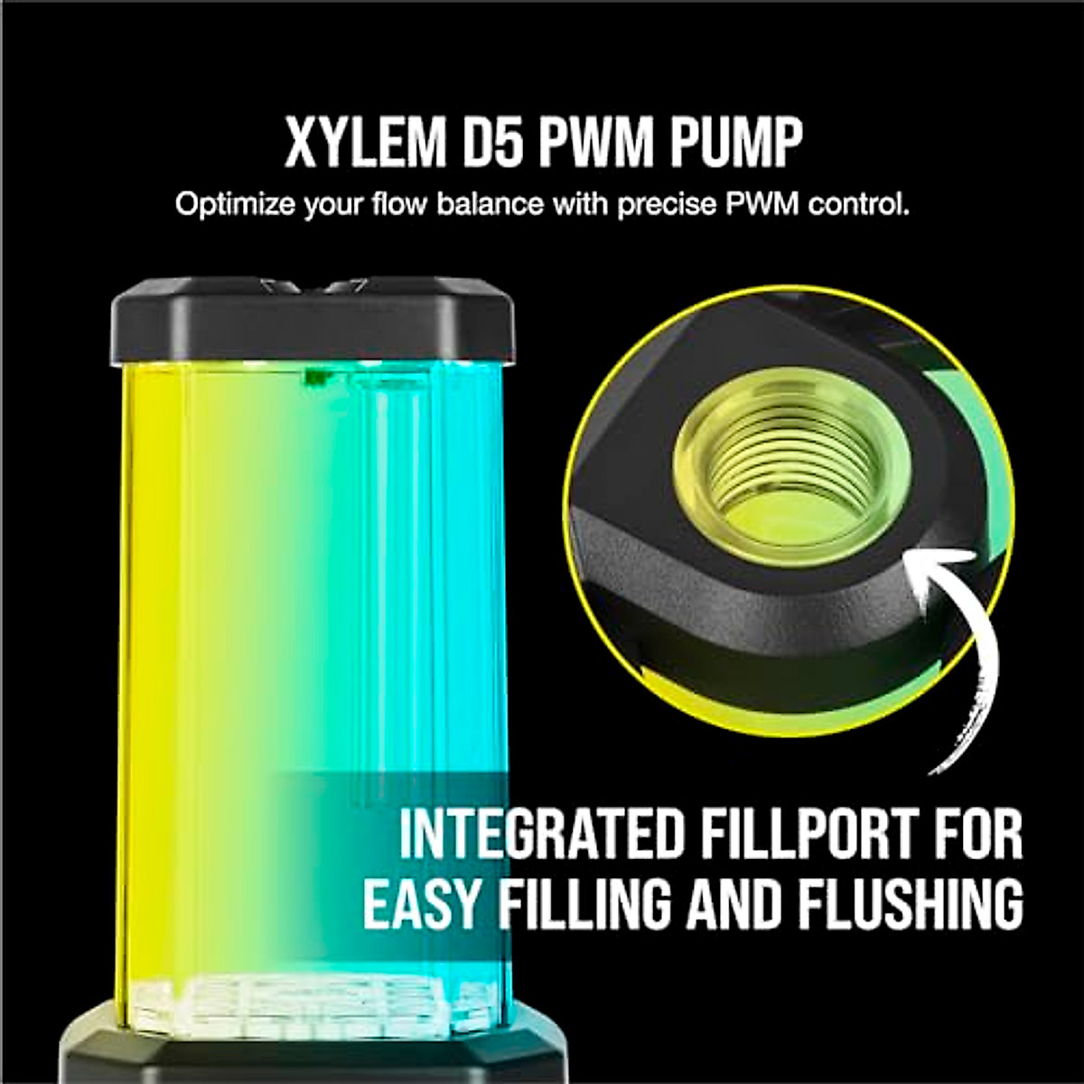 Corsair Hydro X Series XD5 RGB Pump/Reservoir Combo - D5 PWM Pump - 330ml Reservoir - Ten Individually Addressable RGB LEDs - Temperature Sensor - Black