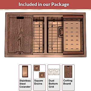 Strictly Sinks 32” Undermount Workstation Copper Kitchen Sink– 16 Gauge Double Bowl Kitchen Sink with Bottom, Grid Wooden Cutting Board, Colander and Two Strainer Square Drains