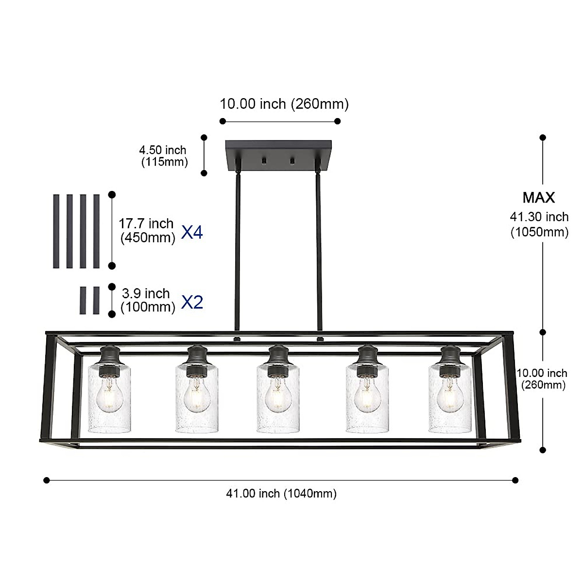 Wanluce Rectangular Chandelier for Dining Room 5 Light Matte Black Lights Fixtures with Glass Shade Farmhouse Linear Industrial Modern Hanging Lighting