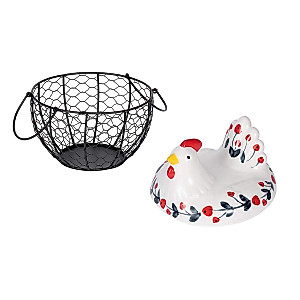 Chicken Design Ceramic Egg Storage Collect Basket, Holds 20-25 Eggs, Fresh Egg Holder, Organizer Case, Container for Counter
