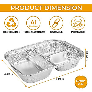 The Baker Celebrations Pack of 30 Aluminum Foil 3-compartment Disposable Trays with Lids
