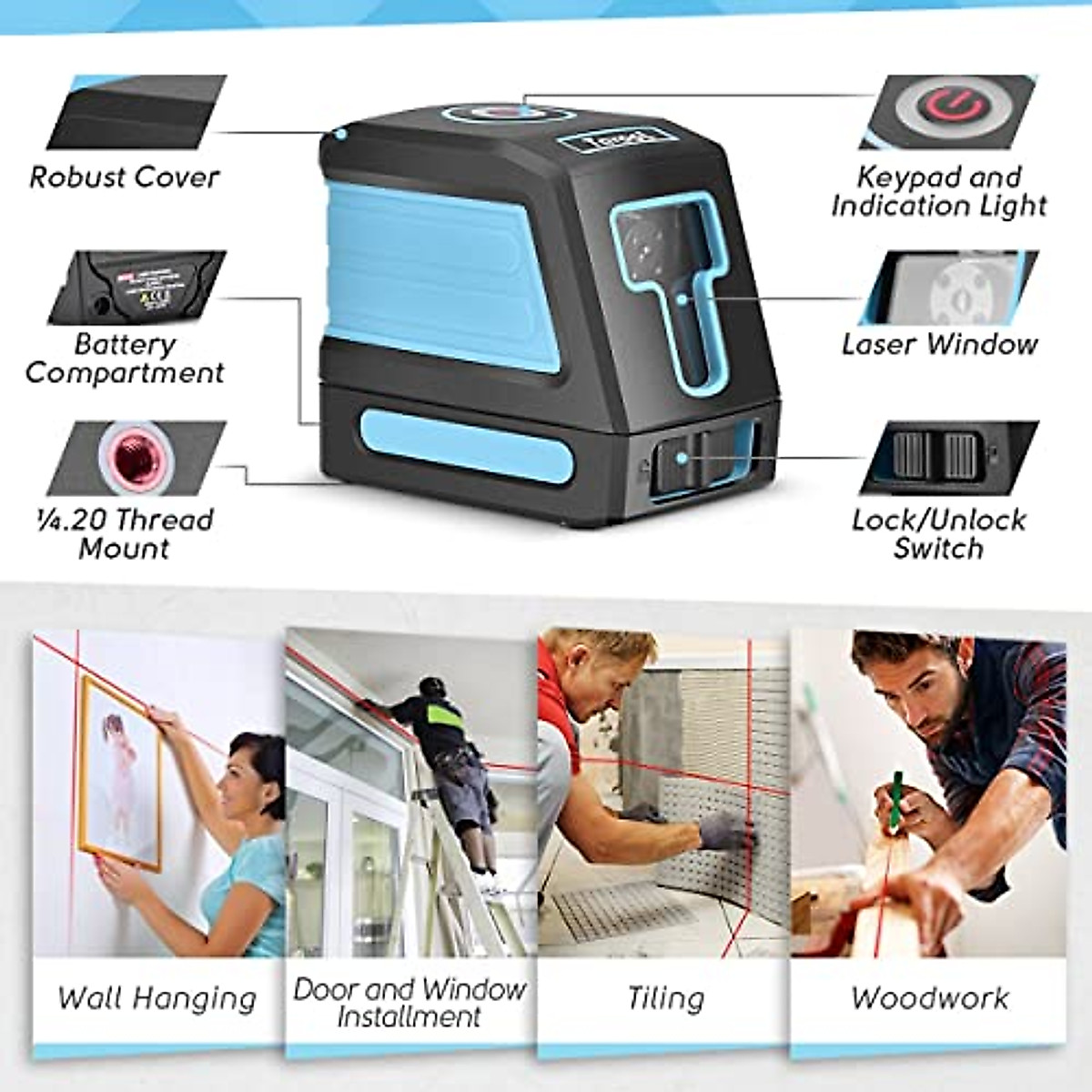 Self Leveling Laser Level - 50ft Cross Line Laser level Laser Line leveler Beam Tool for Construction Picture Hanging Wall Writing Painting Home Renovation Floor Tile with Horizontal and Vertical Line