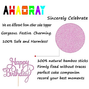 AHAORAY Happy Birthday Cake Topper - Pink Glitter Happy Birthday Cake Bunting Decor - Birthday Party Cake Decoration Supplies, for Photo Booth Props