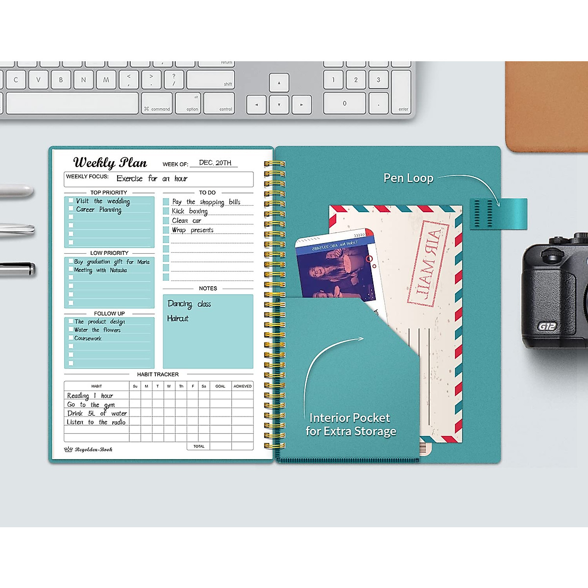 Weekly Planner Undated, Weekly Goals Schedule Planner Regolden-Book To Do List Notebook Calendars Organizers Habit Tracker Journal for Man & Women, Spiral Binding, Pocket, Pen Loop, 53 Weeks (7x10")
