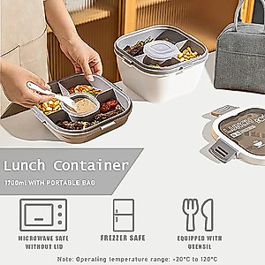Temiminime Salad Lunch Containers for Adults with Portable Bag,60oz/1.7L Large Plastic Salad Bowls for Lunch, BPA-Free, 4-Compartment Tray & a Sauce Cup, Lid with Dual-Latches, White