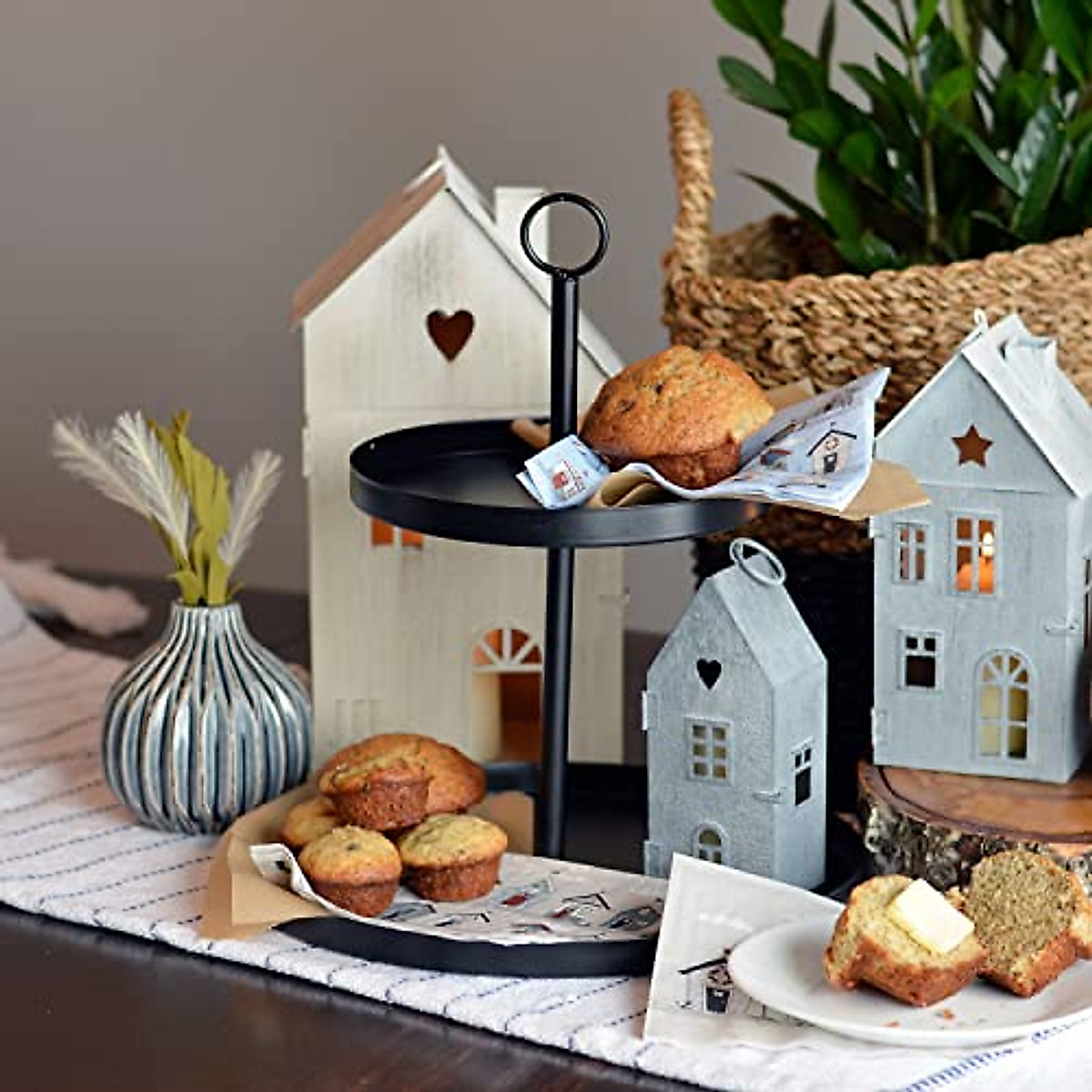 Round 2 Tier Stand, Cake Display Trays, Modern Scandinavian Style, Black, Metal, Loop Handle, 11.75 D x 12.5 H inches, 1.75 lbs.