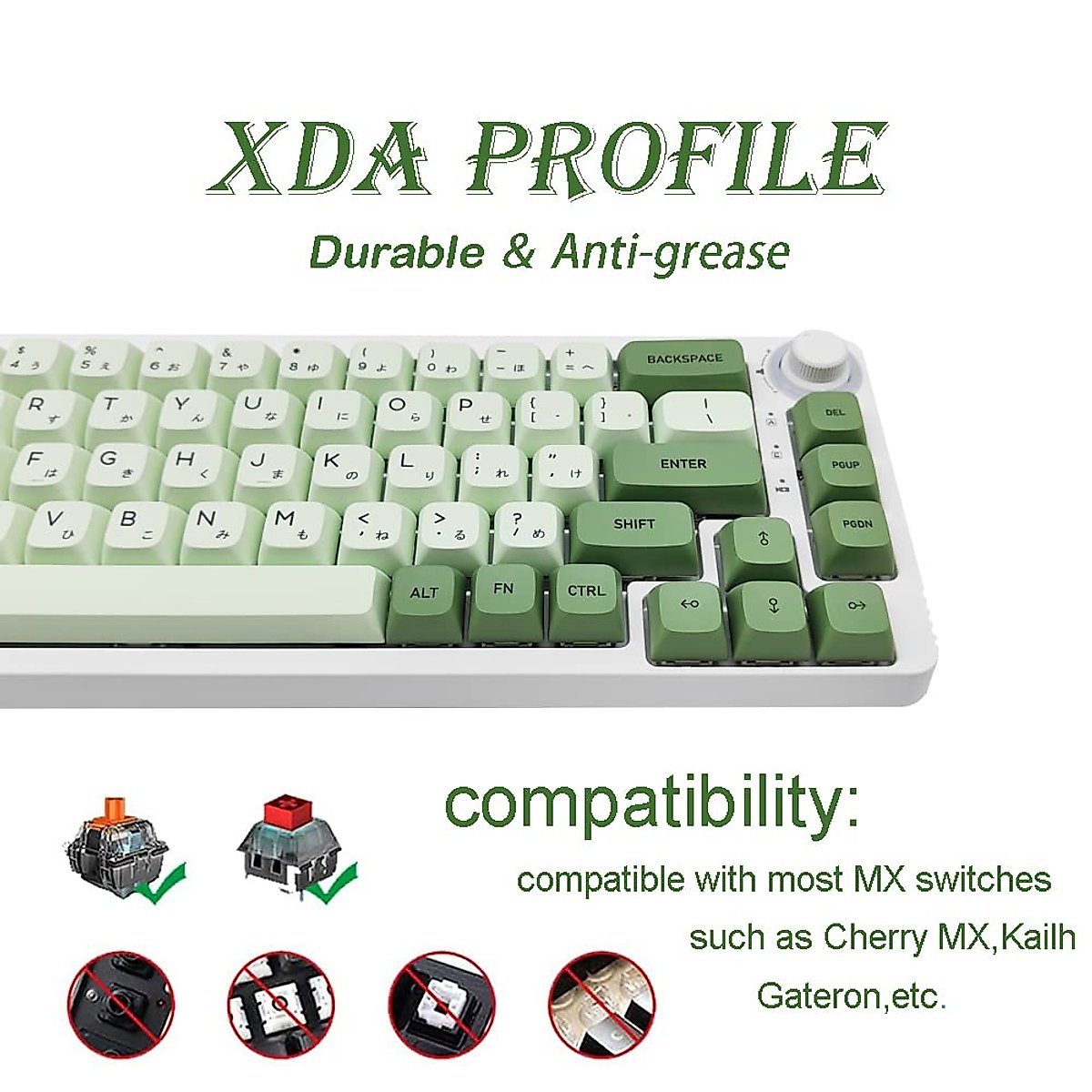 PBT 124 Keys XDA Profile Dye-Sub Matcha Keycaps，ANSI Layout Keycap Suitable for 61/64/87/104/108 Mechanical Gaming Keyboard(Keycaps only)