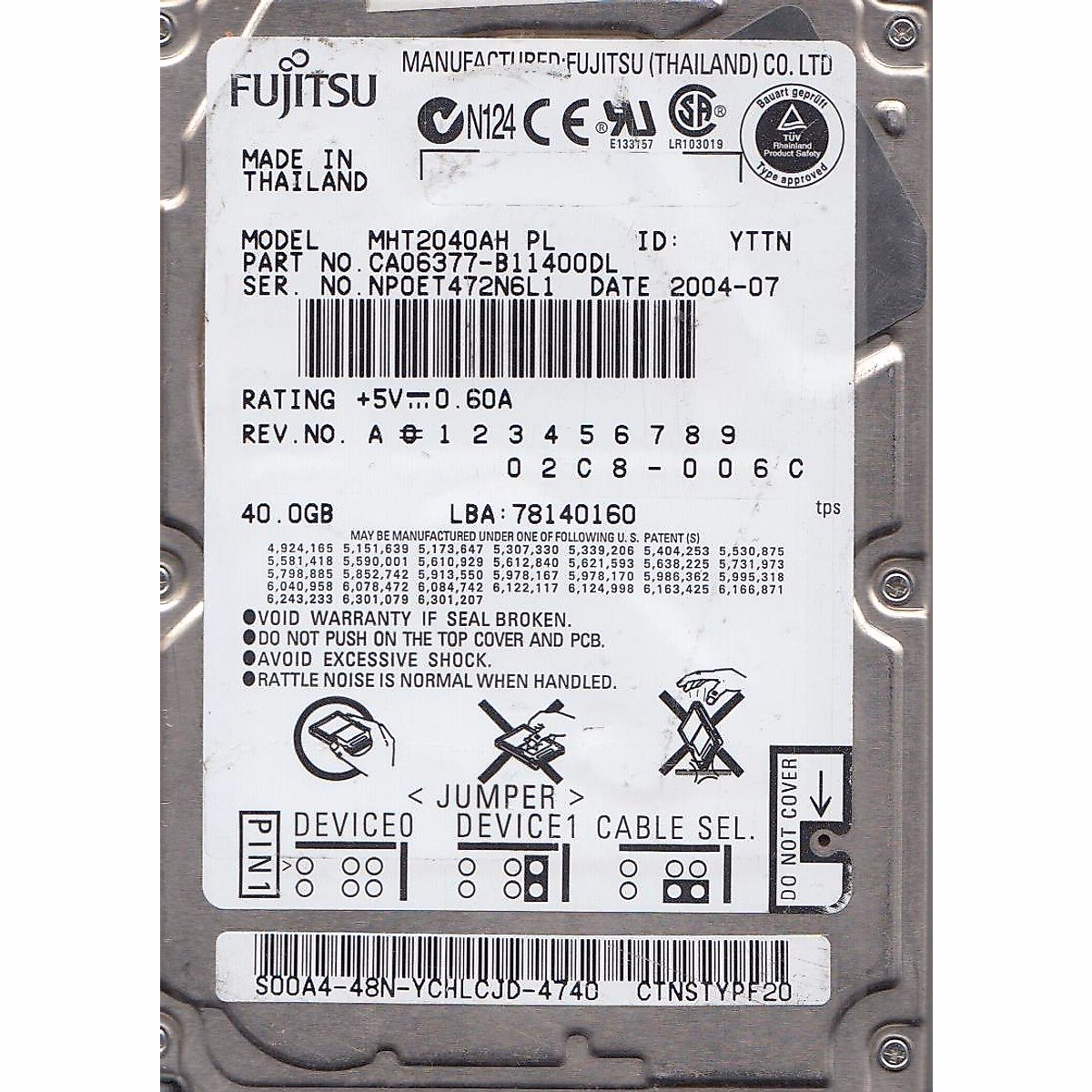 MHT2040AH-PL FUJITSU 40GB 2.5INCH IDE HARD DRIVE P/N: MHT2040AH-PL - FUJITSU