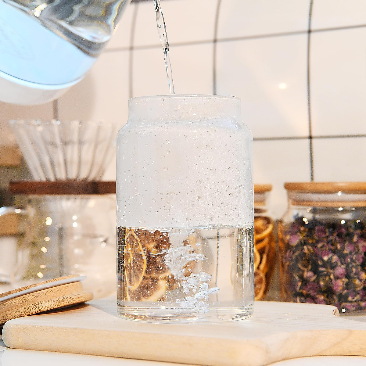 Custde 17.6 fl oz Glass Storage Containers with Lids, Candy Jar with Lid, Glass Food Storage Containers for Kitchen Counter, Pantry, Decorative Jar for Coffee, Sugar,Tea, Cute Jar (Bamboo 17.6 FL OZ)