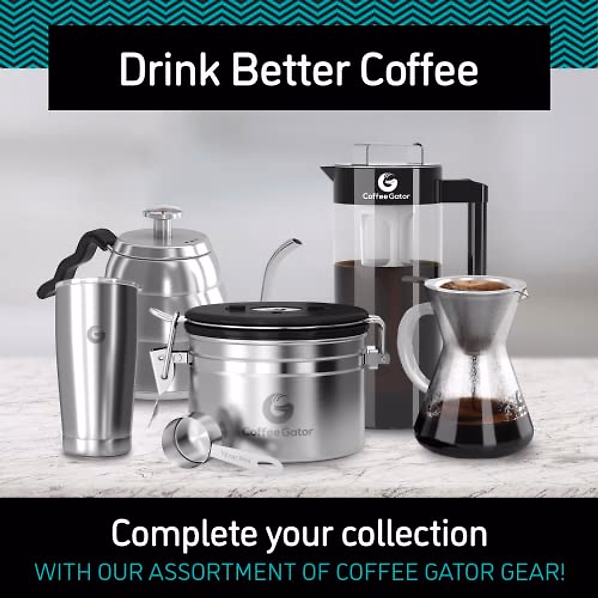 Coffee Gator Pour Over Coffee Maker - 14 oz Paperless, Portable, Drip Coffee Brewer Pour Over Set w/Glass Carafe & Stainless-Steel Mesh Filter, 400ml Clear