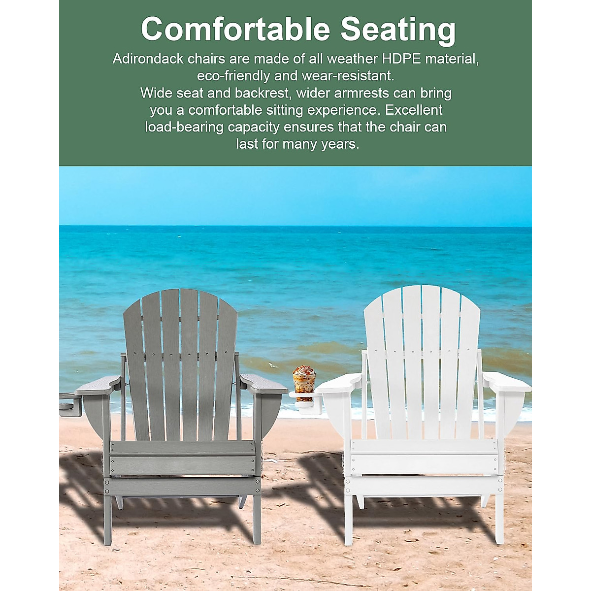 Withniture Folding Adirondack Chairs, HDPE Adirondack Chair Wood Texture Plastic Adirondack Chairs with Cup Holder, Weather Resistant Fire Pit Chairs for Backyard Deck, White