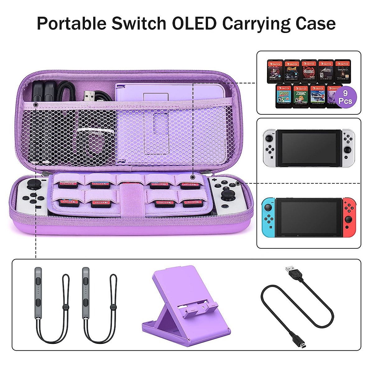 Younik Switch OLED Accessories Bundle, 17 in 1 Purple Switch Oled Accessories Kit for Girls Include Switch Carrying Case, Adjustable Stand, Protective Case for Switch Console & J-Con