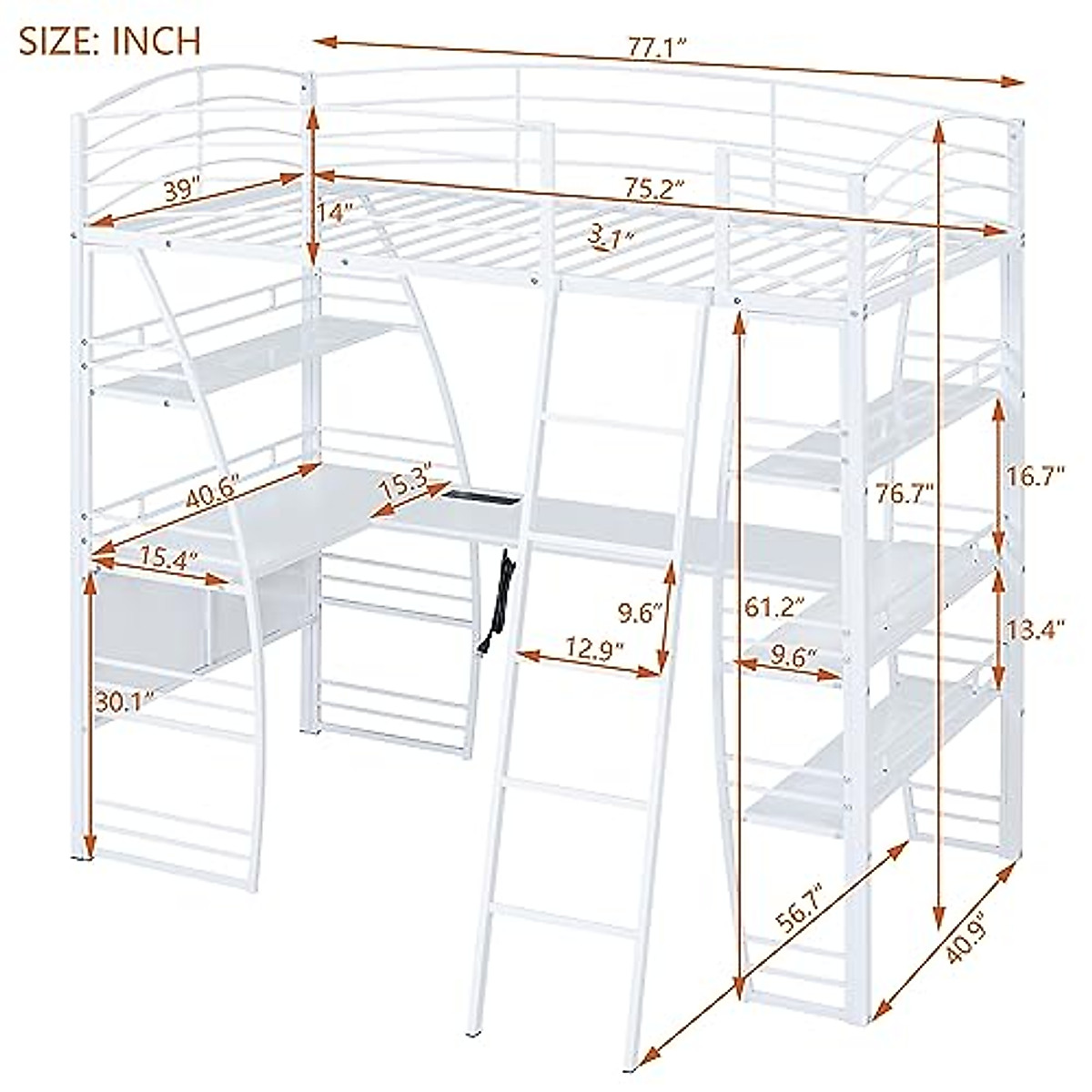 ALYSAHOME Twin Size Loft Bed with 4 Layers of Shelves and L-Shaped Desk, Stylish Metal Frame Bed with a Set of Sockets, USB Ports and and Wireless Charging, White