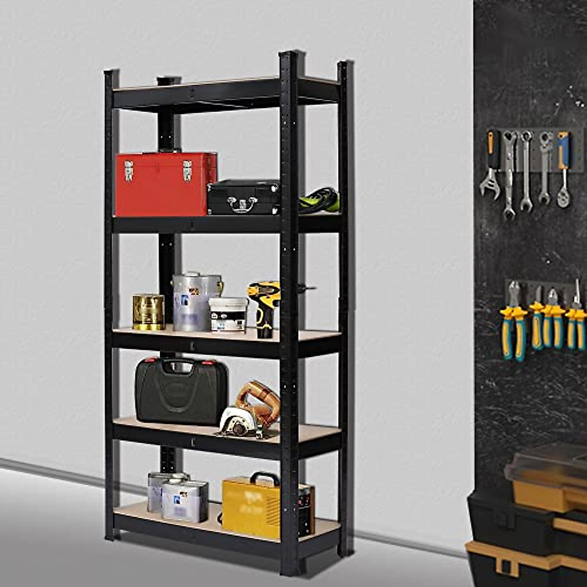Pinikuyiro 5-Tier Utility Shelves, Metal Storage Shelves Garage Shelving Unit Adjustable Garage Storage Shelves Storage Racks Heavy Duty Shed Shelving- Black