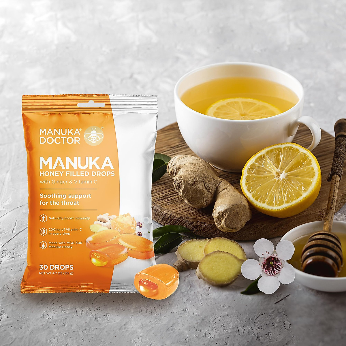 Manuka Doctor Cough Drops, Manuka Middles, 30 Count Honey Filled Lozenges with Vitamin C and Ginger to Help Support the Immune System, Soothing for Dry, Sore Throat, 4.7 oz