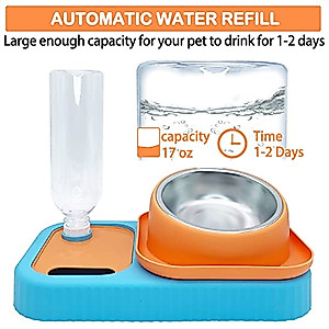 BNOSDM Triple Pet Bowl Cat Slow Feeder with Gravity Water Bottle Set, Detachable Stainless Steel Tilted Raised No Spill Dog Bowls for Cat Kitten Puppy