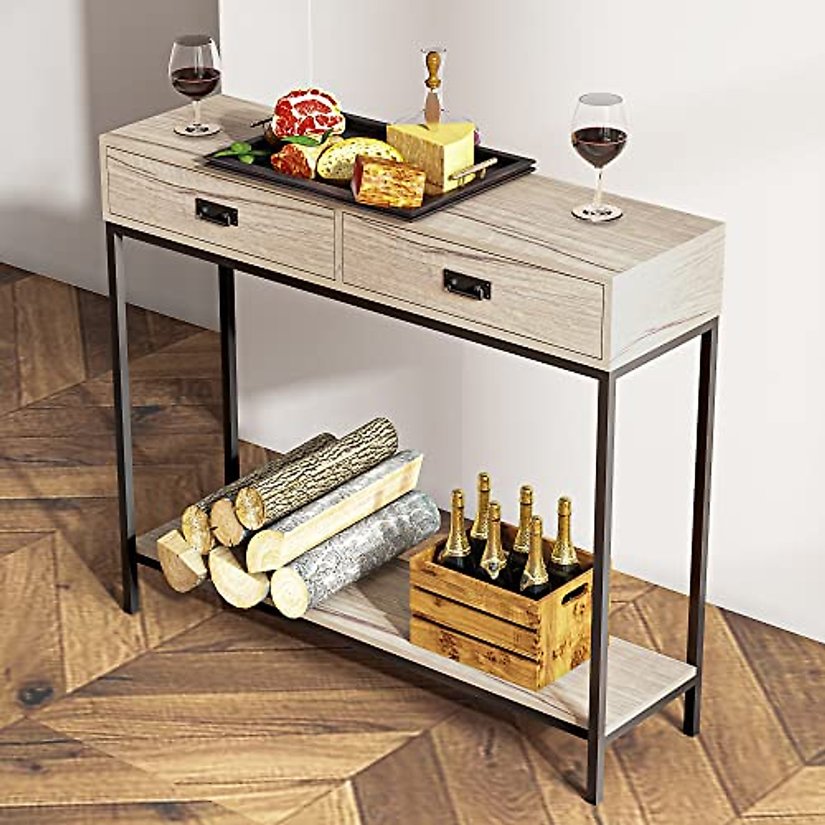 roomfitters Oak Wood Console Table with 2 Drawers, Hallway Foyer Table with Storage Shelves, Narrow Long Sofa Table, Side Table for Living Room, Hallway, Black Metal Frame, Rustic Brown