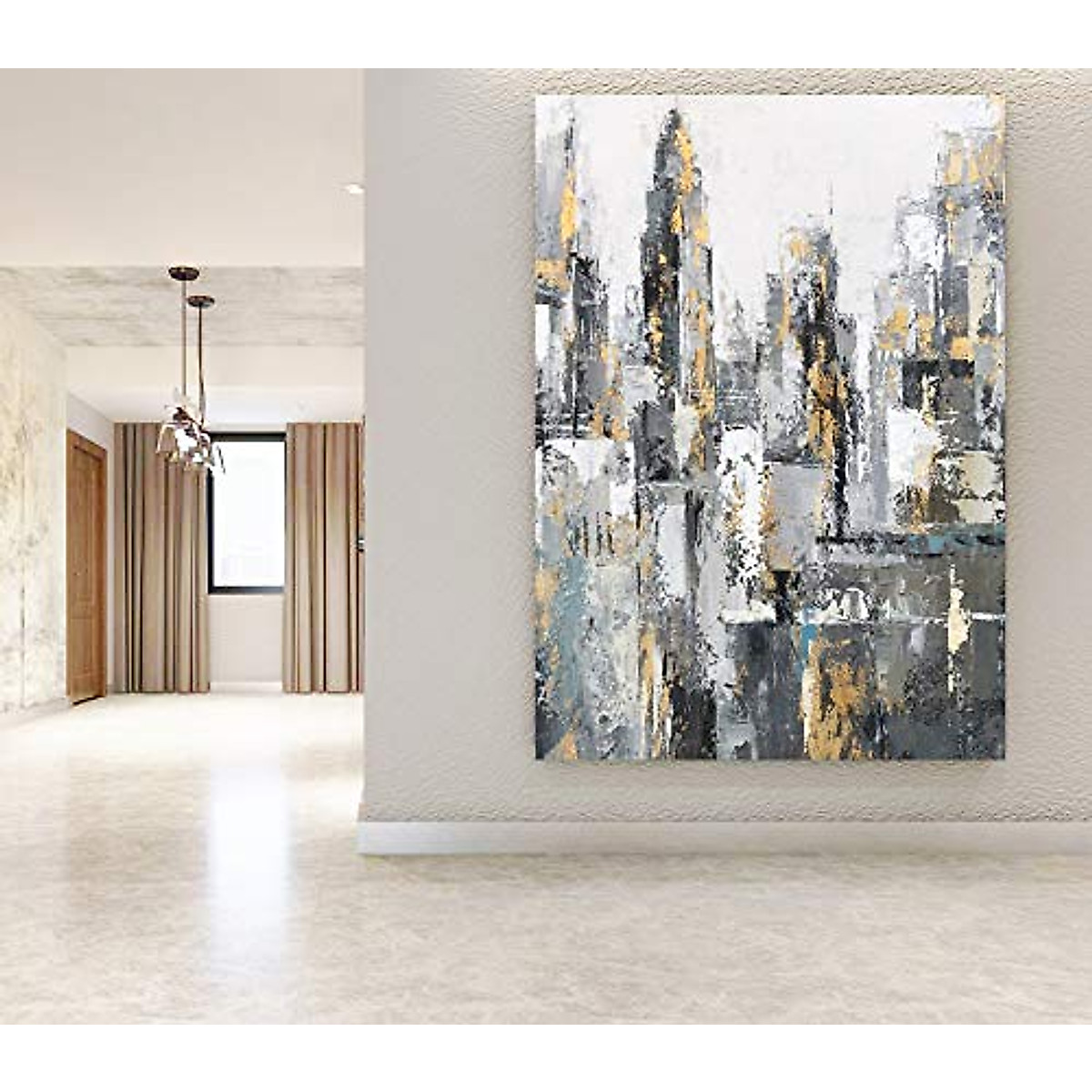 Yihui Arts Large Modern Abstract Chicago City Canvas Wall Artworks Painting with Gold Foil for Living Room Decoration
