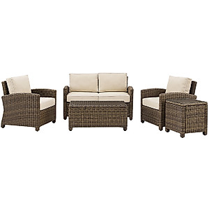 Crosley Furniture Bradenton 5-Piece Outdoor Loveseat Patio Furniture Set, Wicker Conversation Sets for Porch, Brown with Sand Cushions