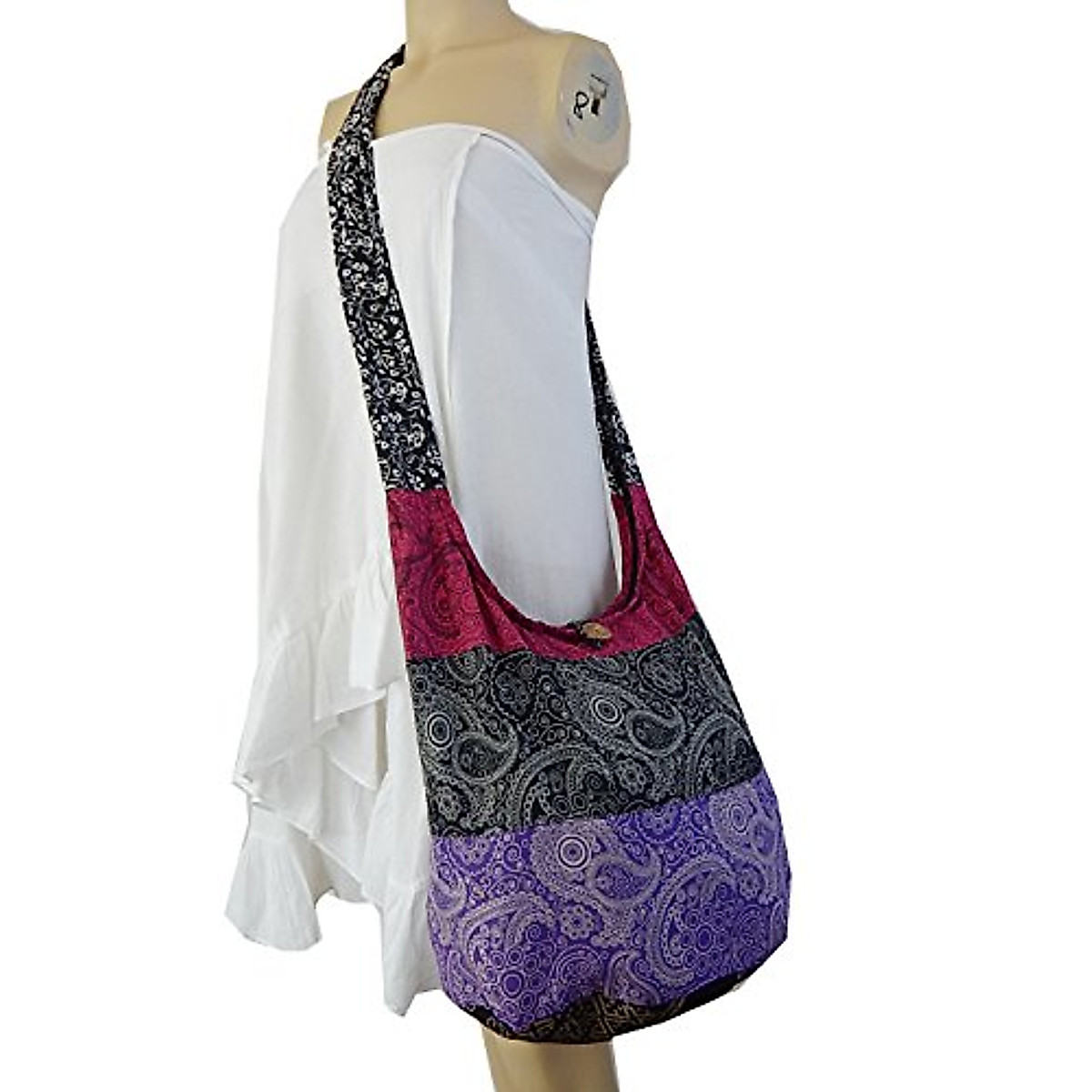 BTP! Thai Cotton Hippie Hobo Sling Crossbody Bag eco Friendly Shopping bag Paisley Print Large (Patchwork Random Colors PWP)