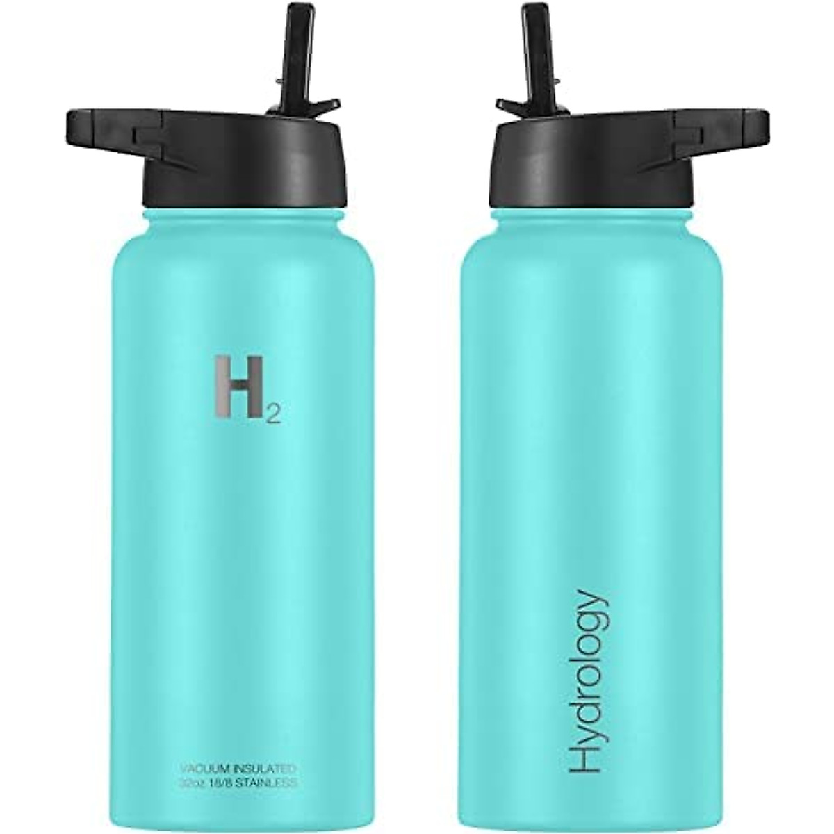 H2 Hydrology Sport Water Bottle 3 LIDS (Straw Lid & Spout Lid) | Double Wall Vacuum Insulated Stainless Steel Wide Mouth | Sports Hot & Cold Leak Proof Sweat Free Thermos (32 oz, Aquamarine)