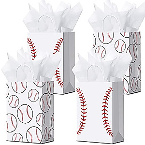 16 Pieces Baseball Gift Bags with Tissue Paper Baseball Party Bags with Handles Baseball Goodie Bags Baseball Treat Bags for Kids Sports Theme, Birthday Party, Sports Party (White, Baseball)