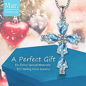 FULULAY Cross Necklace For Women,Sterling Silver Jesus Christian Religious March Birthstone Jewelry