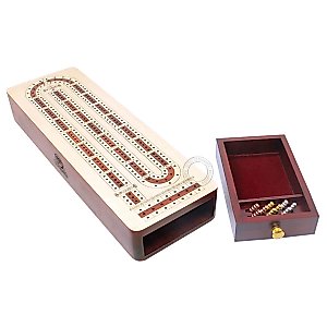 House of Cribbage Continuous Cribbage Board Alphabet e Shape Inlaid in Maple and Bloodwood with Storage Drawer for pegs and Cards - 3 Tracks