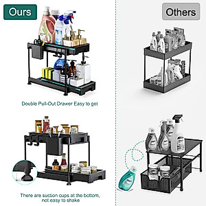 LBW 2 Packs Under Sink Organizer and Storage, 2 Tier Sliding Bathroom Cabinet Organizers Multi-Purpose Kitchen Organization and Storage，Drawer Pantry Organizer with Hooks,Black (Pack of 2)