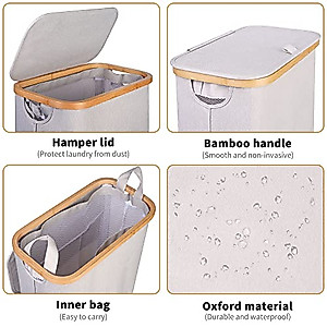 iEGrow 60L Slim Laundry Hamper With Lid, Foldable Clothes Basket with Bamboo Handles and Removable Inner Bag, Light Grey