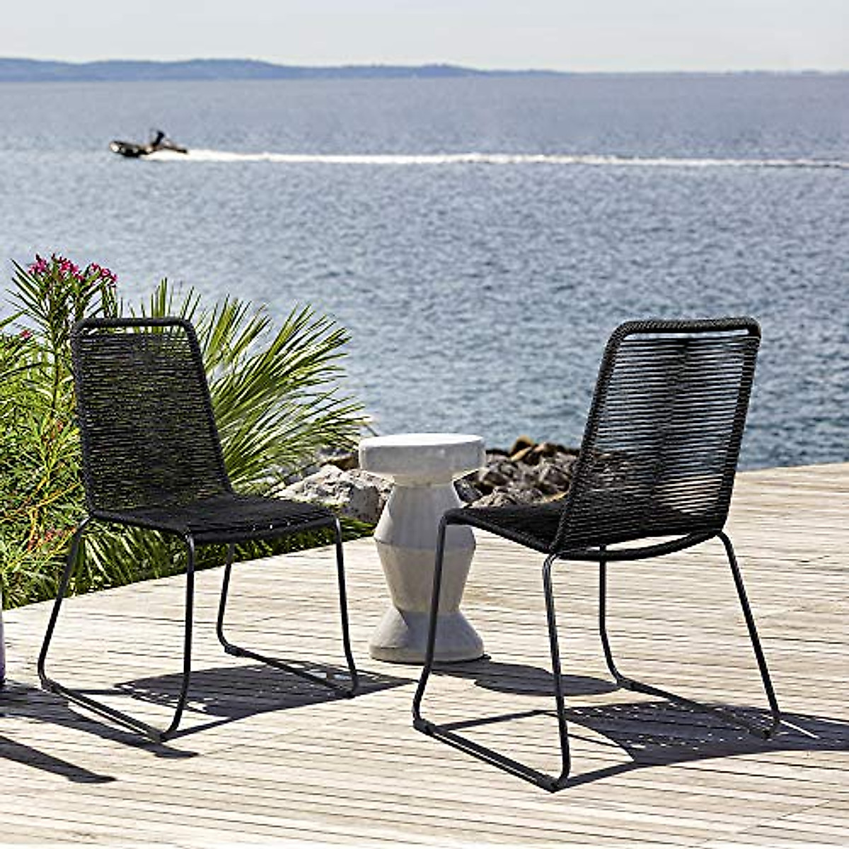 Armen Living Shasta Modern Outdoor Patio Metal and Rope Stackable Accent Dining Chair, Set of 2, Black