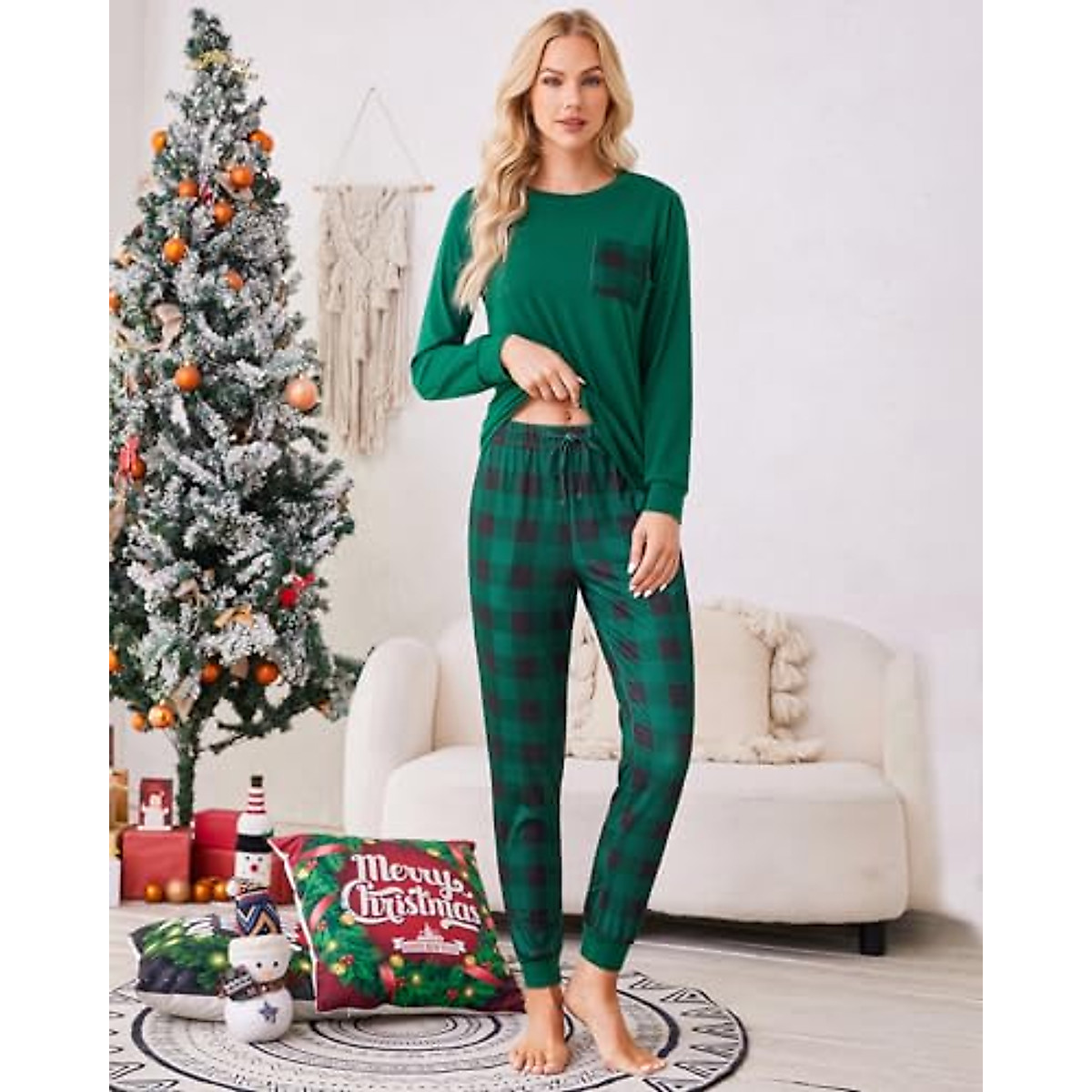 difficort Christmas Pajamas for Women Long Sleeve Shirt and Pajama Pants Soft Lounge Sets with Pockets, Dark Green, Medium
