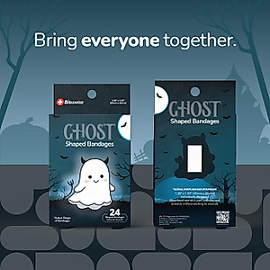 BioSwiss Bandages, Halloween Ghost Shaped Self Adhesive Bandage, Latex Free Sterile Wound Care, Fun First Aid Kit Supplies for Kids, 24 Count