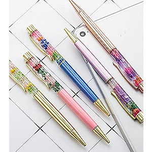 Gullor 5 Pieces Liquid Floral Ballpoint Pens for Gift, Fancy Metal Unique Flower Set for Desk Accessories, Rose gold