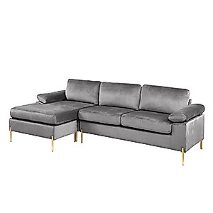 Prohon L-Shaped Sectional Sofa with Velvet Chaise & Gold Metal Legs, Mid-Century Style Modular Couch w/Removable Pillow Arms and Back for Living Room, Bedroom, Office, Gray