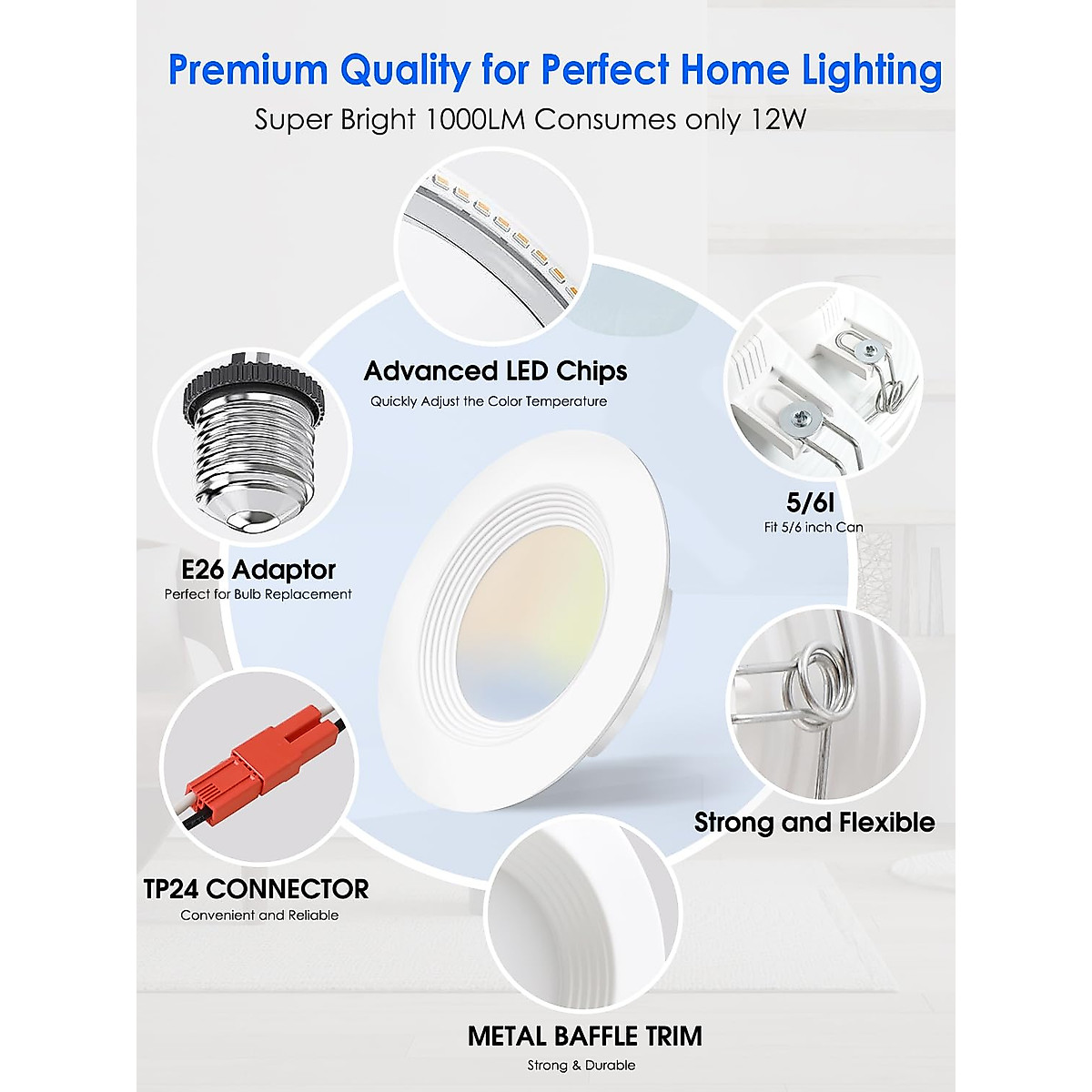 Energetic 5/6 Inch LED Recessed Lighting, 1000LM, 5000K Daylight Downlight, 12W=150W, Dimmable LED Can Light, Simple Retrofit Installation, IC & Wet Rated, FCC & ETL Listed, 12 Pack