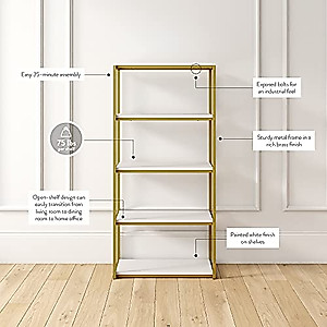Nathan James Oscar Modern 5-Shelf Bookcase Industrial Bookshelf with Metal Frame and Wood Storage Shelves, Etagere, Gold/White