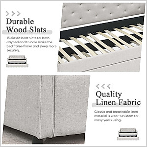 Antetek Daybed with Trundle, Fabric Upholstered Twin Size Day Bed Pull-Point Sofa Daybed Frame w/Twin Roll-Out Trundle, No Box Spring Needed, Furniture for Bedroom, Living Room, Guest Room, Beige